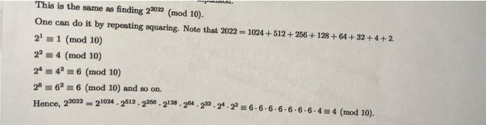 Solved This is the same as finding 22022(mod10). One can do | Chegg.com