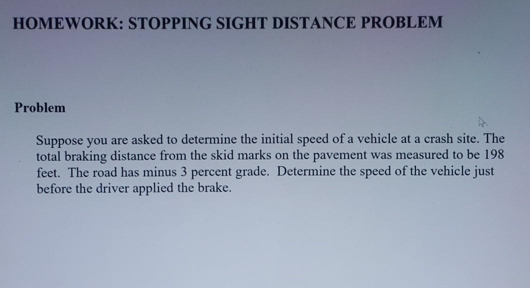 Solved HOMEWORK: STOPPING SIGHT DISTANCE PROBLEM Problem | Chegg.com