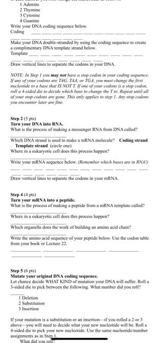 Solved Project - DNA Dice NAME: (1 pt) Α. 1 2 In this | Chegg.com