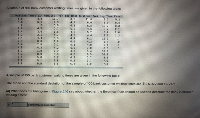 Solved A sample of 100 bank customer waiting times are given | Chegg.com