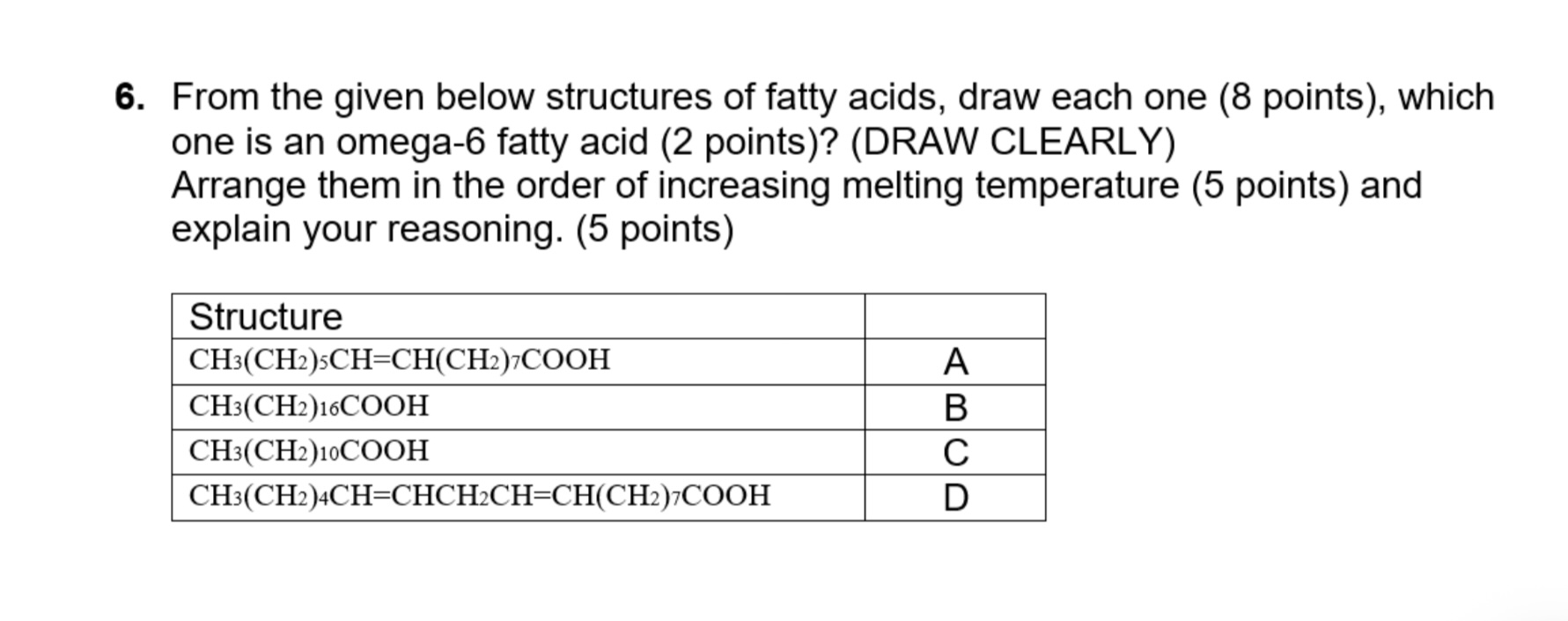 Solved 6. ﻿From the given below structures of fatty acids, | Chegg.com