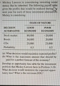 Solved Mickey Lawson is considering investing some moncy | Chegg.com