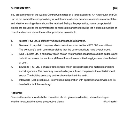 QUESTION TWO [20] You are a member of the Quality | Chegg.com