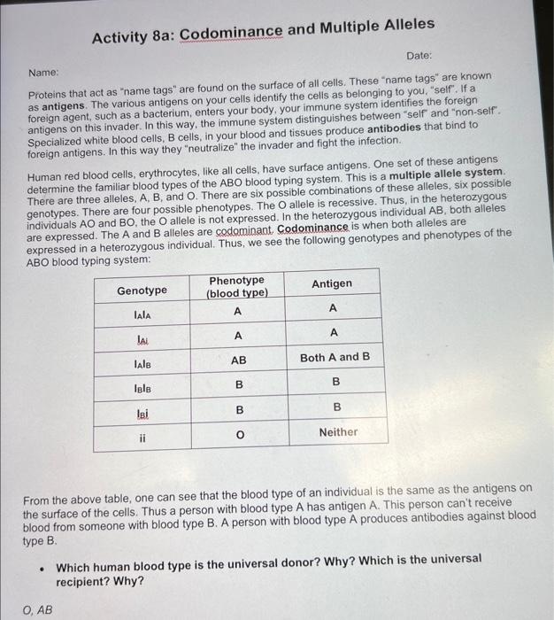 Solved Activity 8a: Codominance and Multiple Alleles Date: | Chegg.com