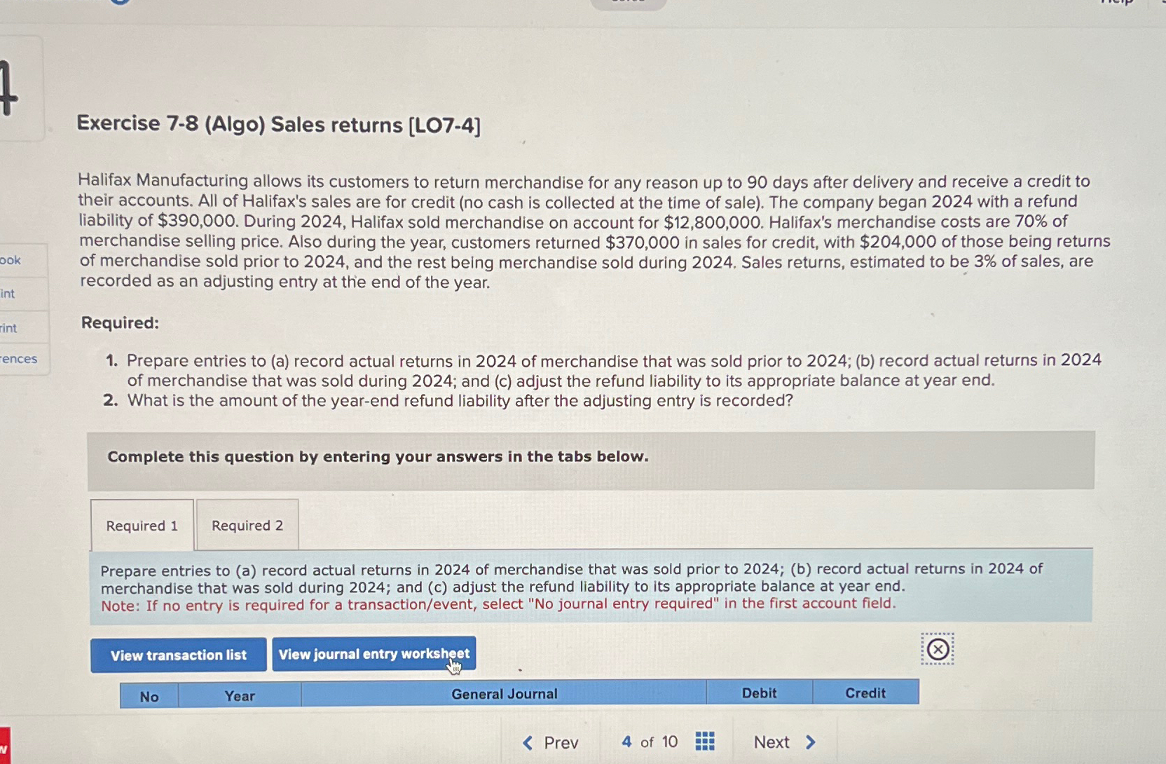 Solved Exercise 7-8 (Algo) ﻿Sales returns [LO7-4]Halifax | Chegg.com