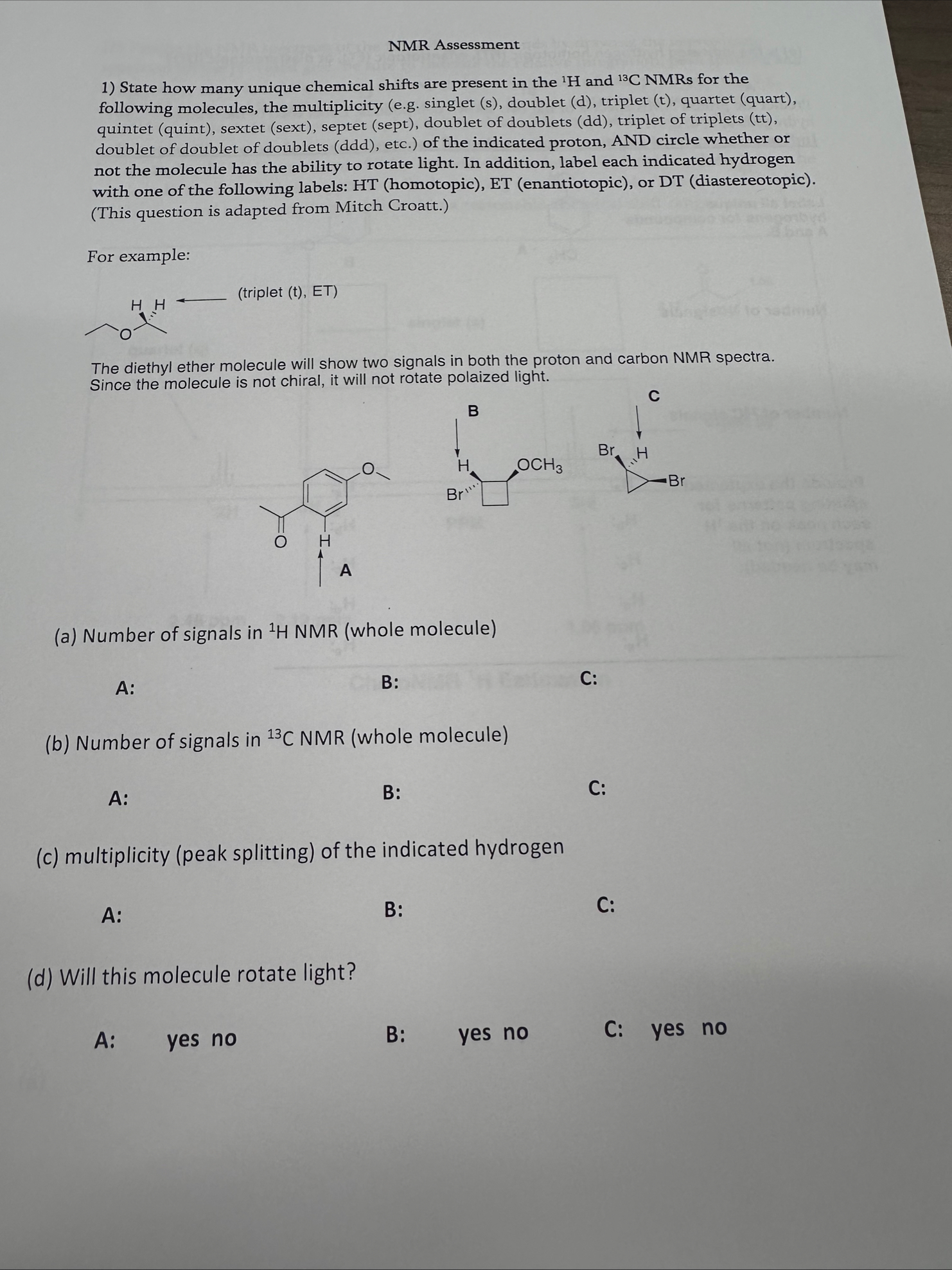 Solved NMR AssessmentState how many unique chemical shifts | Chegg.com