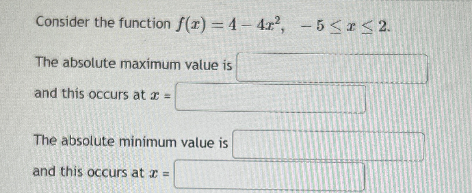 Solved Consider the function f(x)=4-4x2,-5≤x≤2.The absolute | Chegg.com