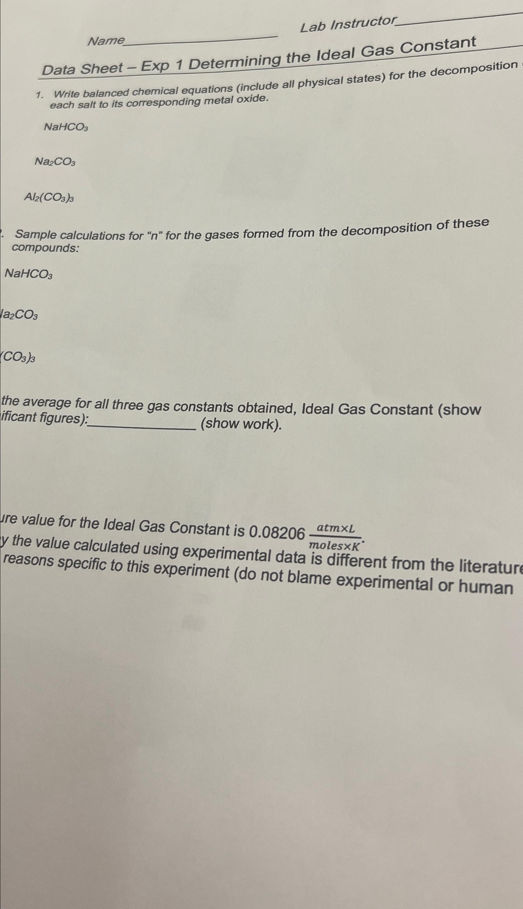 Solved NameLab InstructorData Sheet - ﻿Exp 1 ﻿Determining | Chegg.com