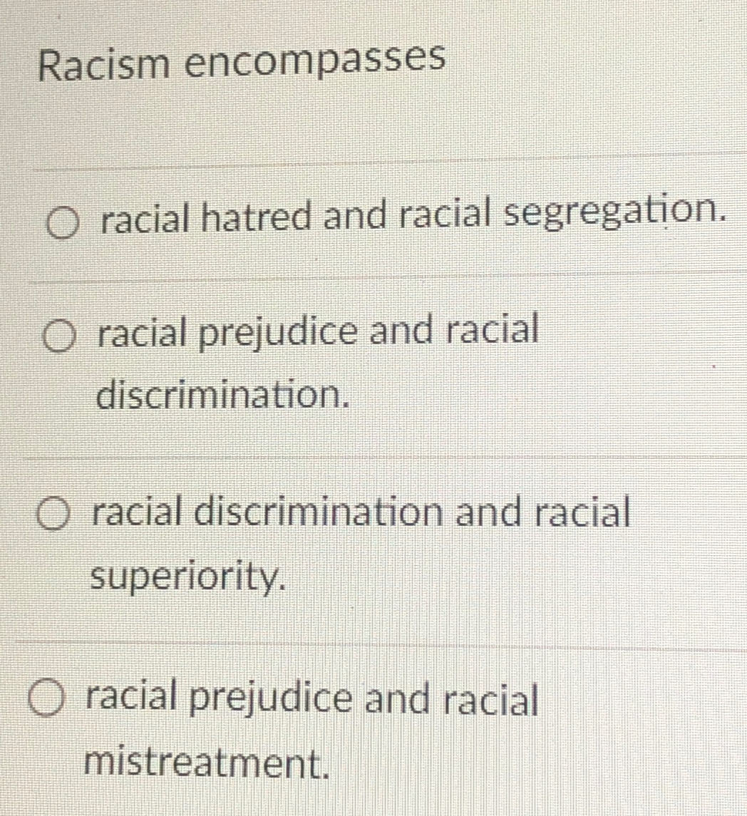 Solved Racism encompassesracial hatred and racial | Chegg.com