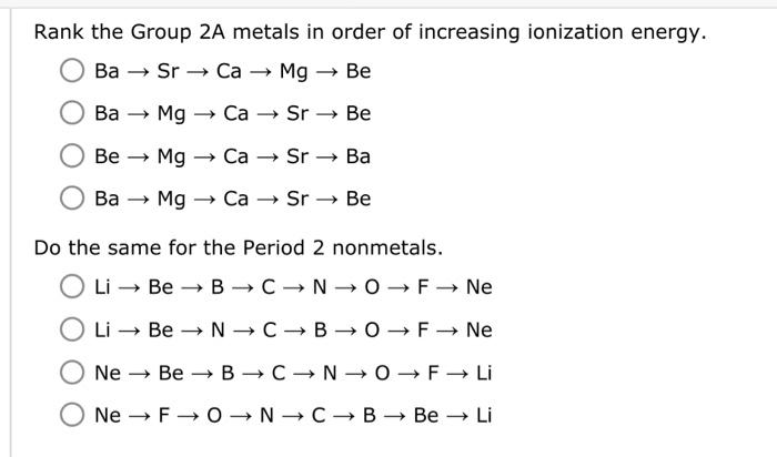 Solved Rank the Group 2A metals in order of increasing | Chegg.com