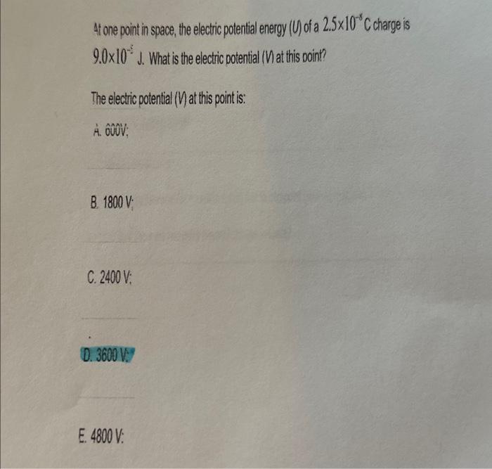 Solved At one point in space, the electric potential energy | Chegg.com