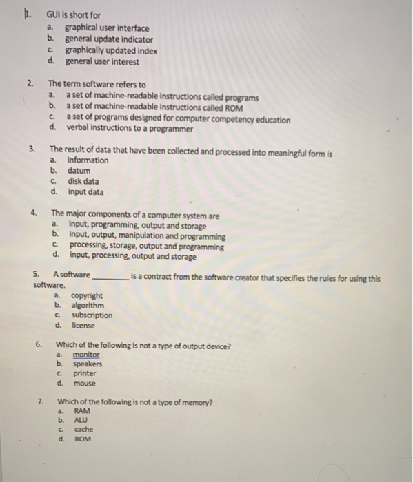 Solved H. GUI is short for a. graphical user interface b. | Chegg.com