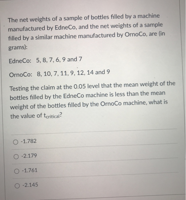 Solved The net weights of a sample of bottles filled by a | Chegg.com