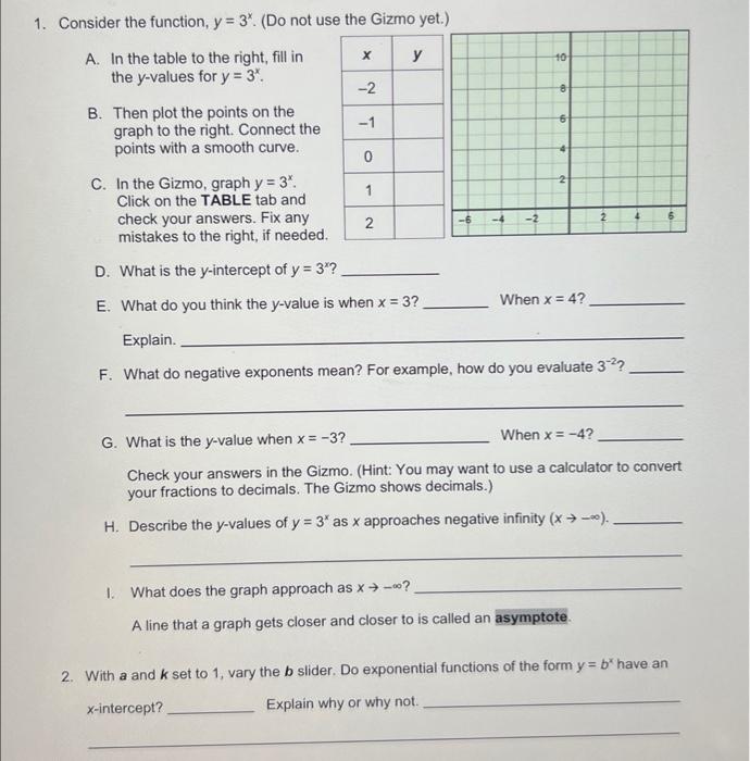 Solved 1. Consider the function, y=3x. (Do not use the Gizmo | Chegg.com