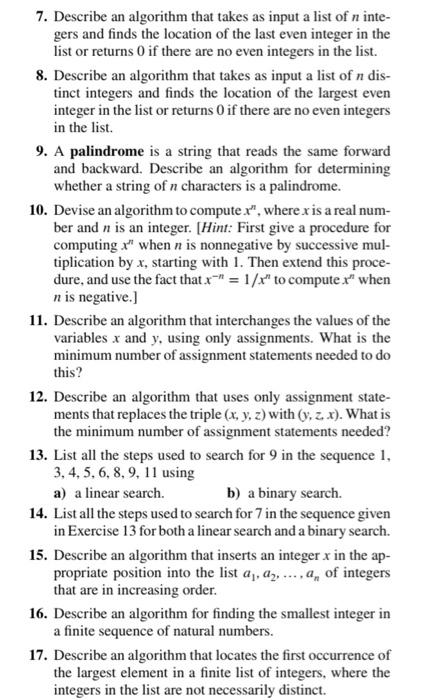 7. Describe an algorithm that takes as input a list | Chegg.com