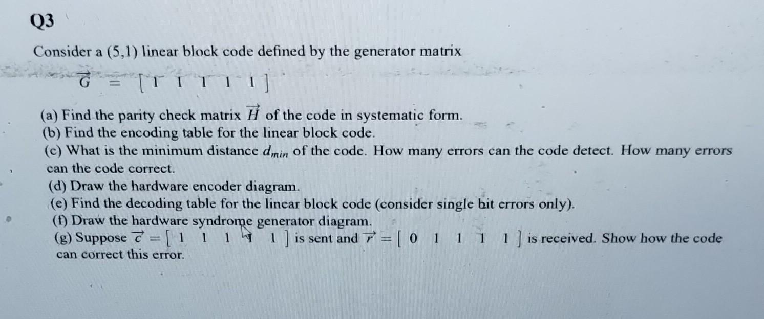 Solved Q4 Given that a (5,4) linear encoder generates all | Chegg.com