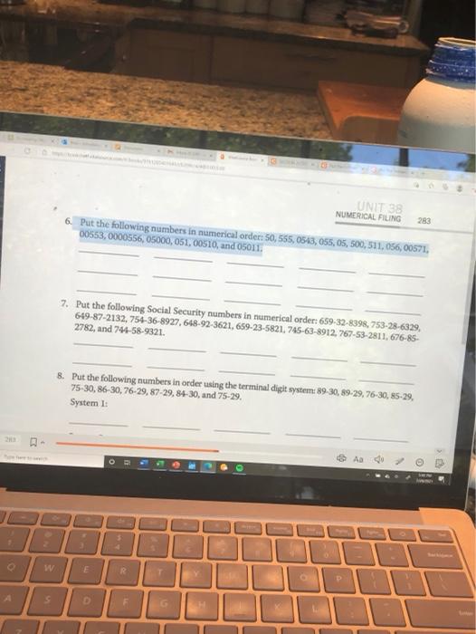 Solved UNIT 38 NUMERICAL FILING 283 6. Put the following | Chegg.com