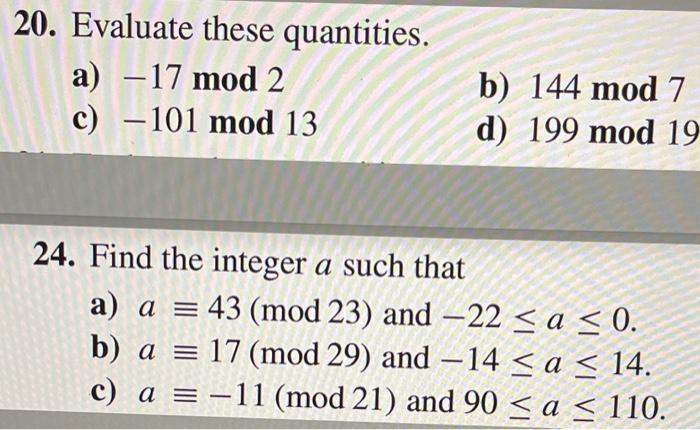 Solved 20. Evaluate these quantities. a) −17mod2 c) | Chegg.com
