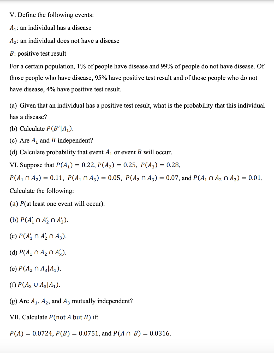 Solved V. ﻿Define the following events:A1 ﻿: an ﻿individual | Chegg.com