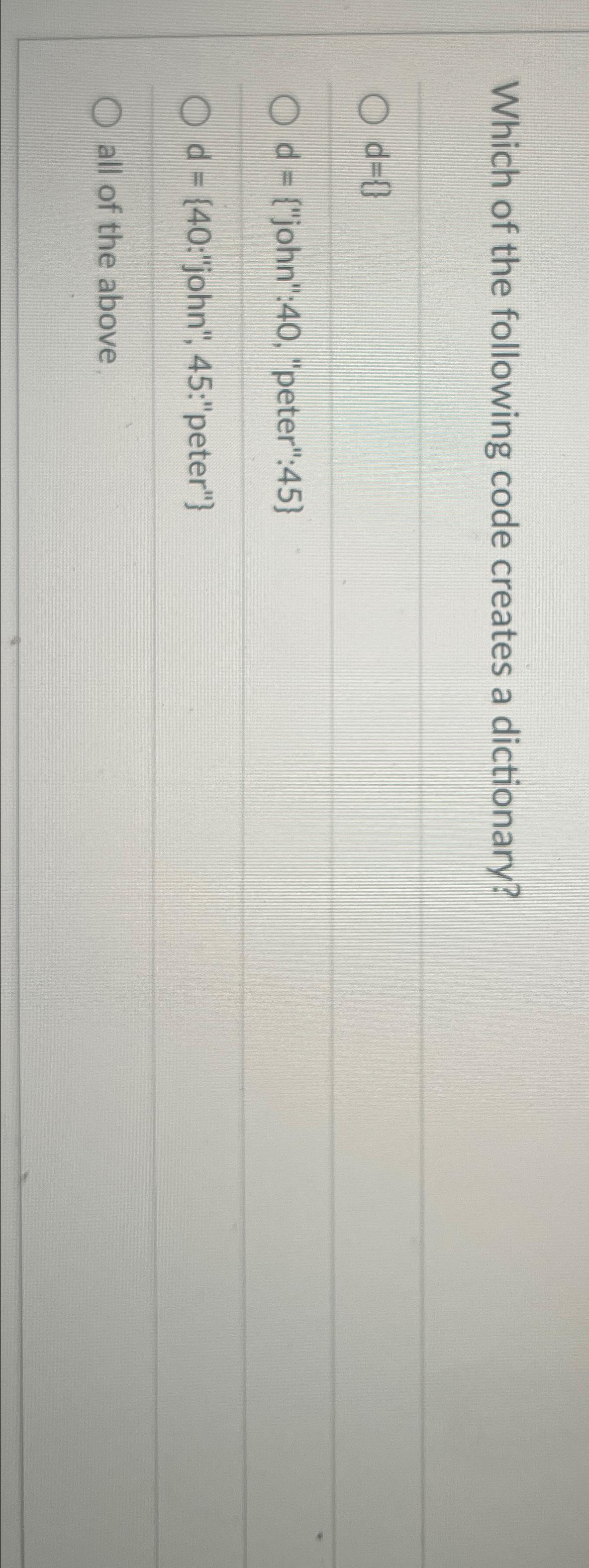 Solved Which of the following code creates a dictionary?d={} | Chegg.com