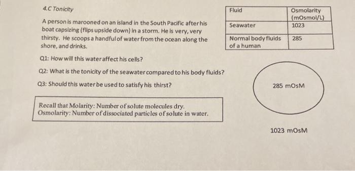 Solved Fluid Osmolarity (mOsmol/L) 1023 Seawater 285 4.C | Chegg.com