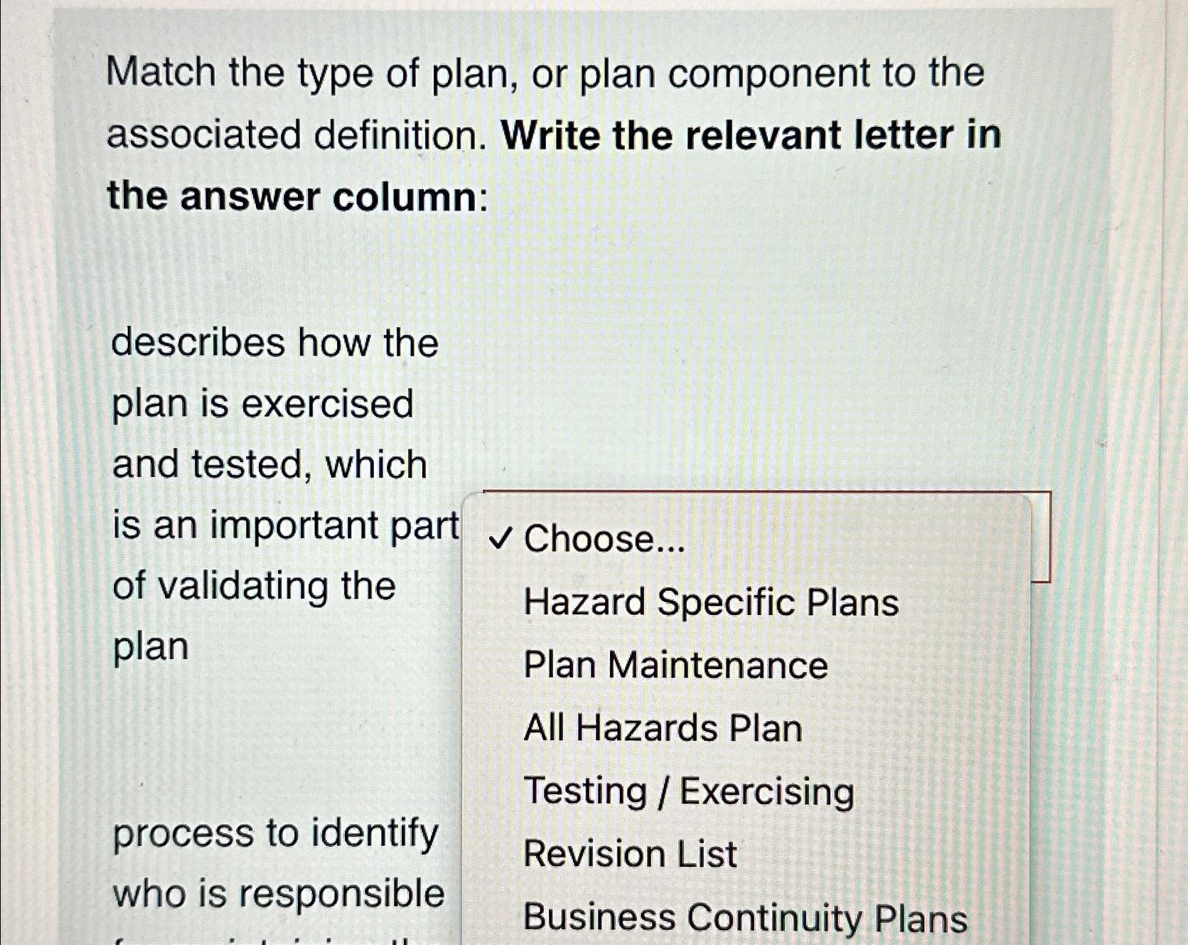 Solved Match the type of plan, or plan component to the | Chegg.com