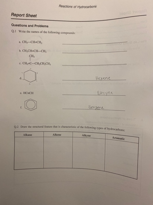 Solved Reactions of Hydrocarbons Report Sheet Questions and | Chegg.com
