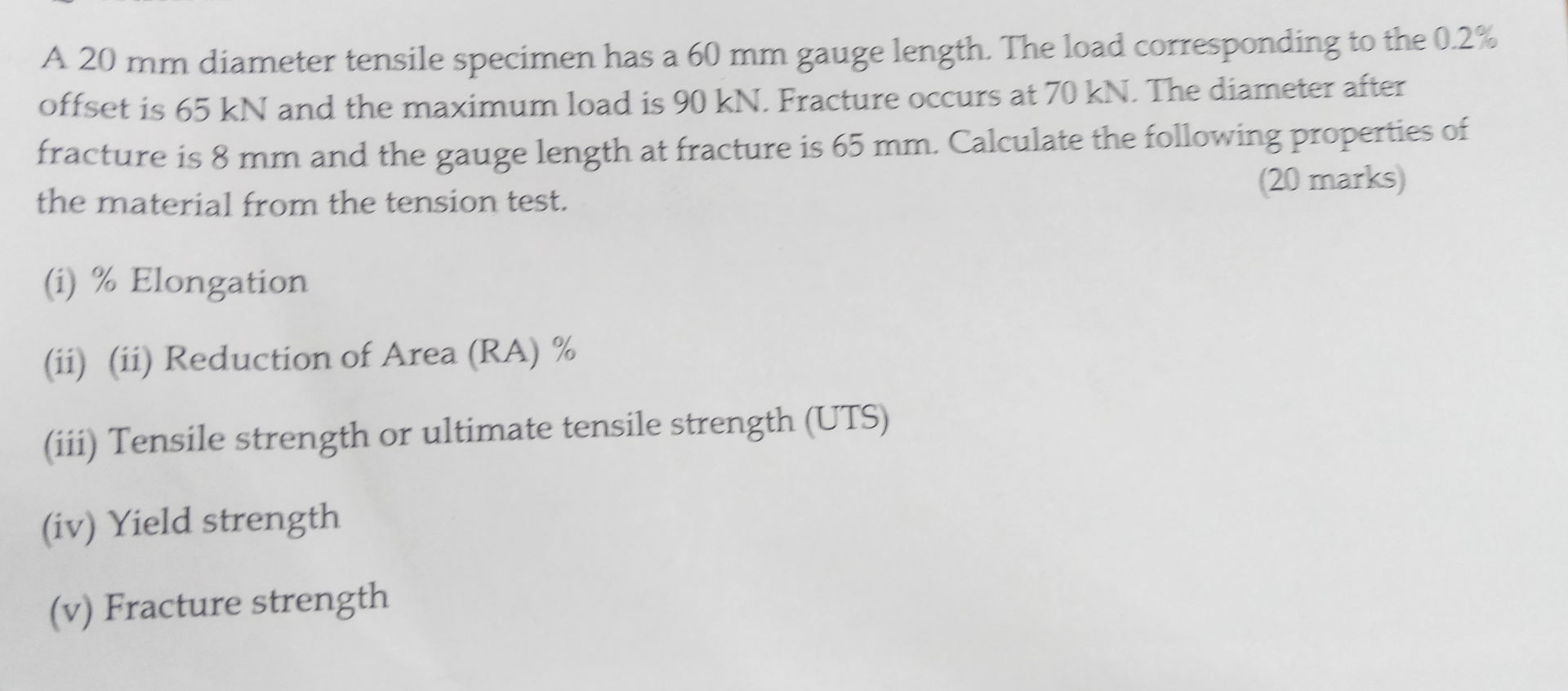 Solved A 20 ﻿mm diameter tensile specimen has a 60 ﻿mm gauge | Chegg.com