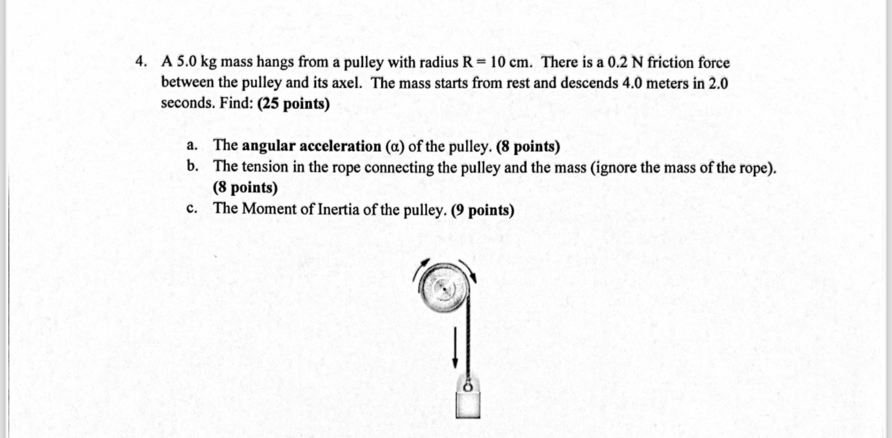 Solved by an EXPERT A 5.0 ﻿kg mass hangs from a pulley with radius | Chegg.com