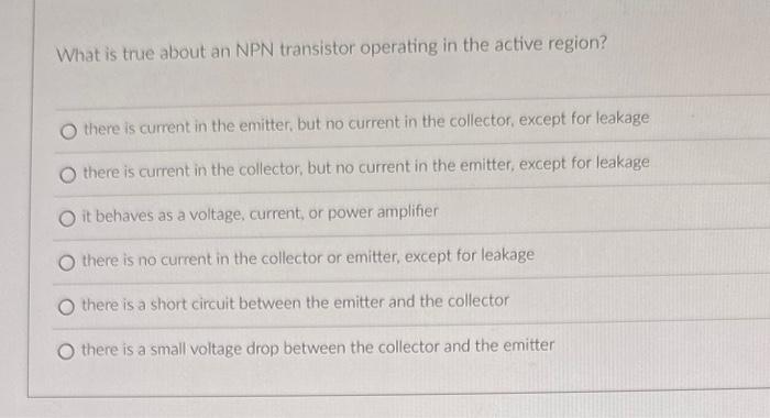 Solved What is true about an NPN transistor operating in the | Chegg.com