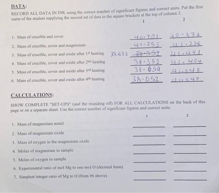 Solved DATA: RECORD ALL DATA IN INK using the correct number | Chegg.com