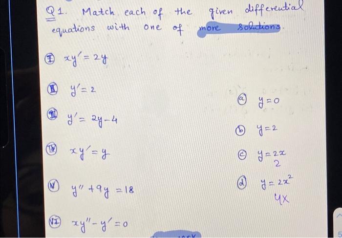 Solved Q1. Match each of the given differential equations | Chegg.com