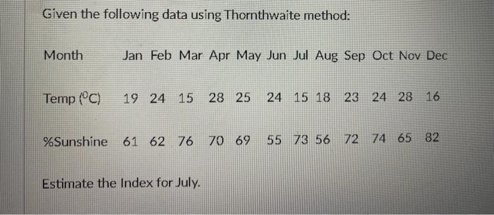 Solved Given the following data using Thornthwaite method: | Chegg.com