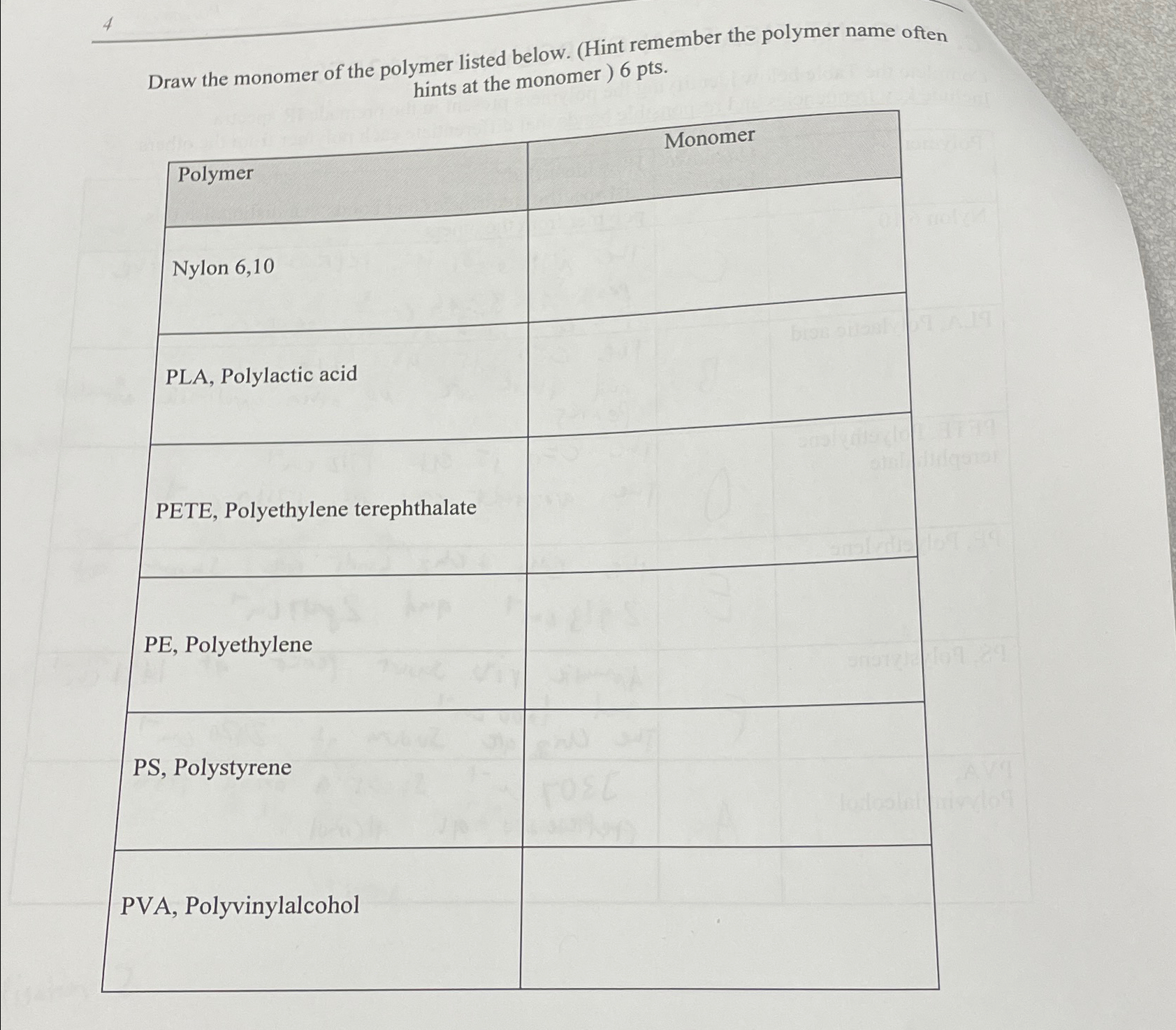 Solved 4Draw the monomer of the polymer listed below. (Hint | Chegg.com