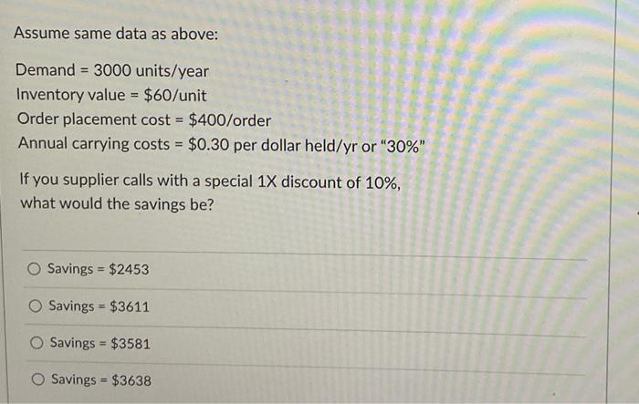 Solved Assume same data as above: Demand =3000 units / year | Chegg.com