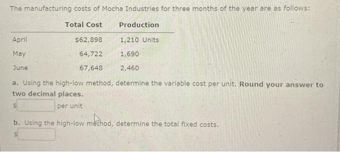 Solved The manufacturing costs of Mocha Industries for three | Chegg.com