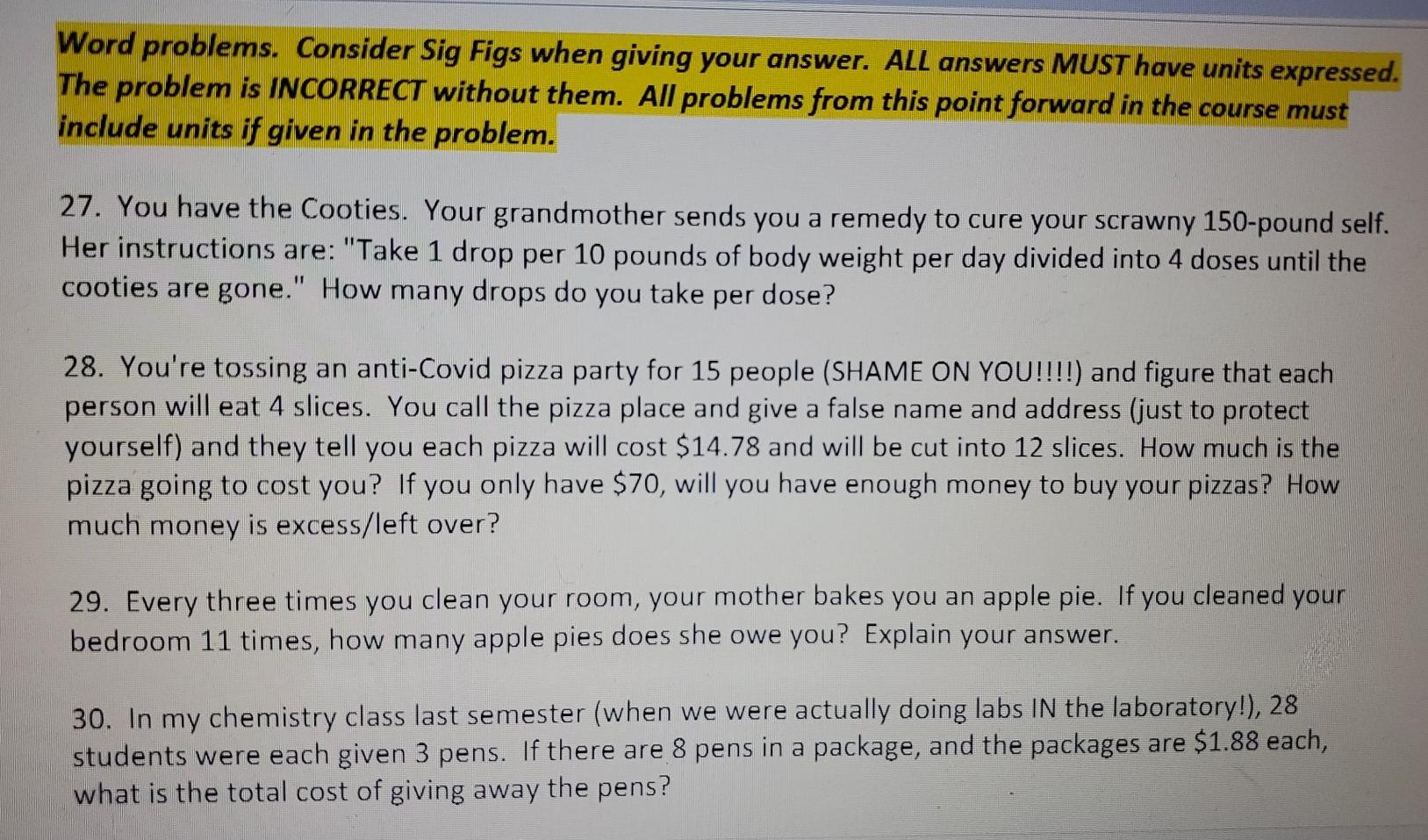 Solved Word problems. Consider Sig Figs when giving your | Chegg.com