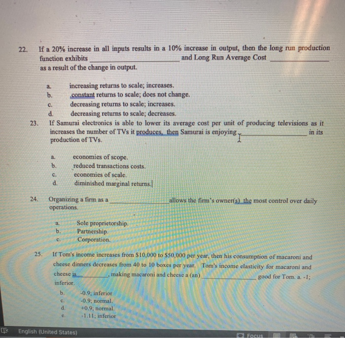 Solved 22. If a 20% increase in all inputs results in a 10% | Chegg.com