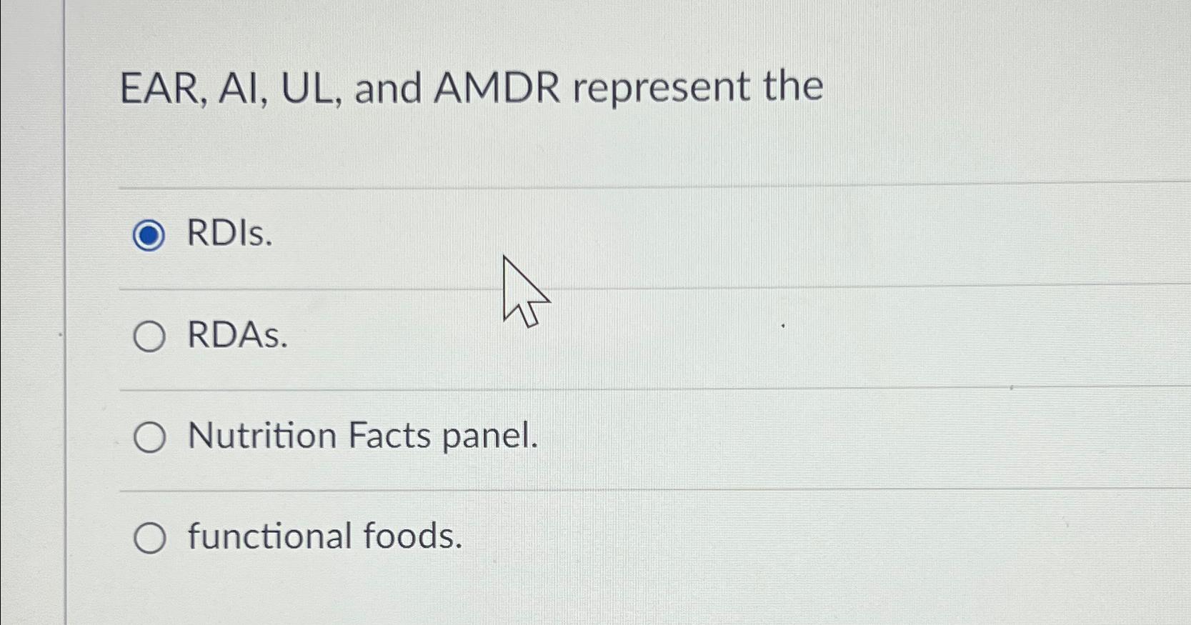 Solved EAR,Al,UL, ﻿and AMDR represent theRDIs.RDAs.Nutrition | Chegg.com