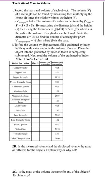 Solved 1. Record the mass and volume of each object. The | Chegg.com