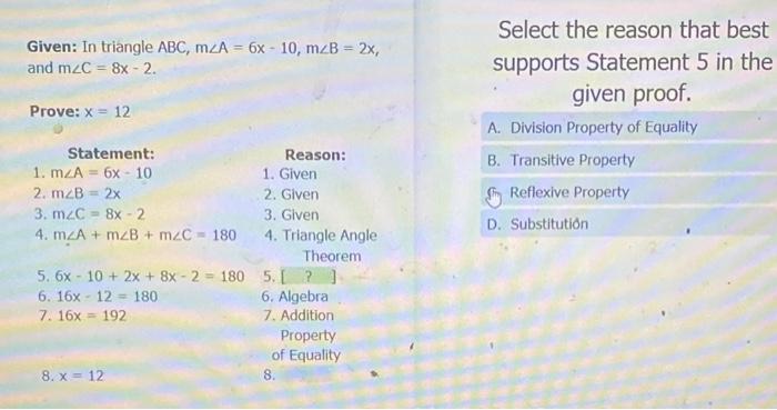 Solved Given: In triangle ABC, MZA = 6x - 10, m_B = 2x, and | Chegg.com