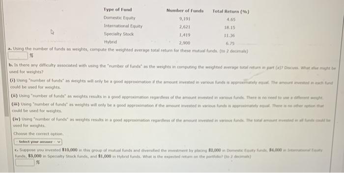 Solved 4.65 Type of Fund Number of Funds Total Return (%) | Chegg.com