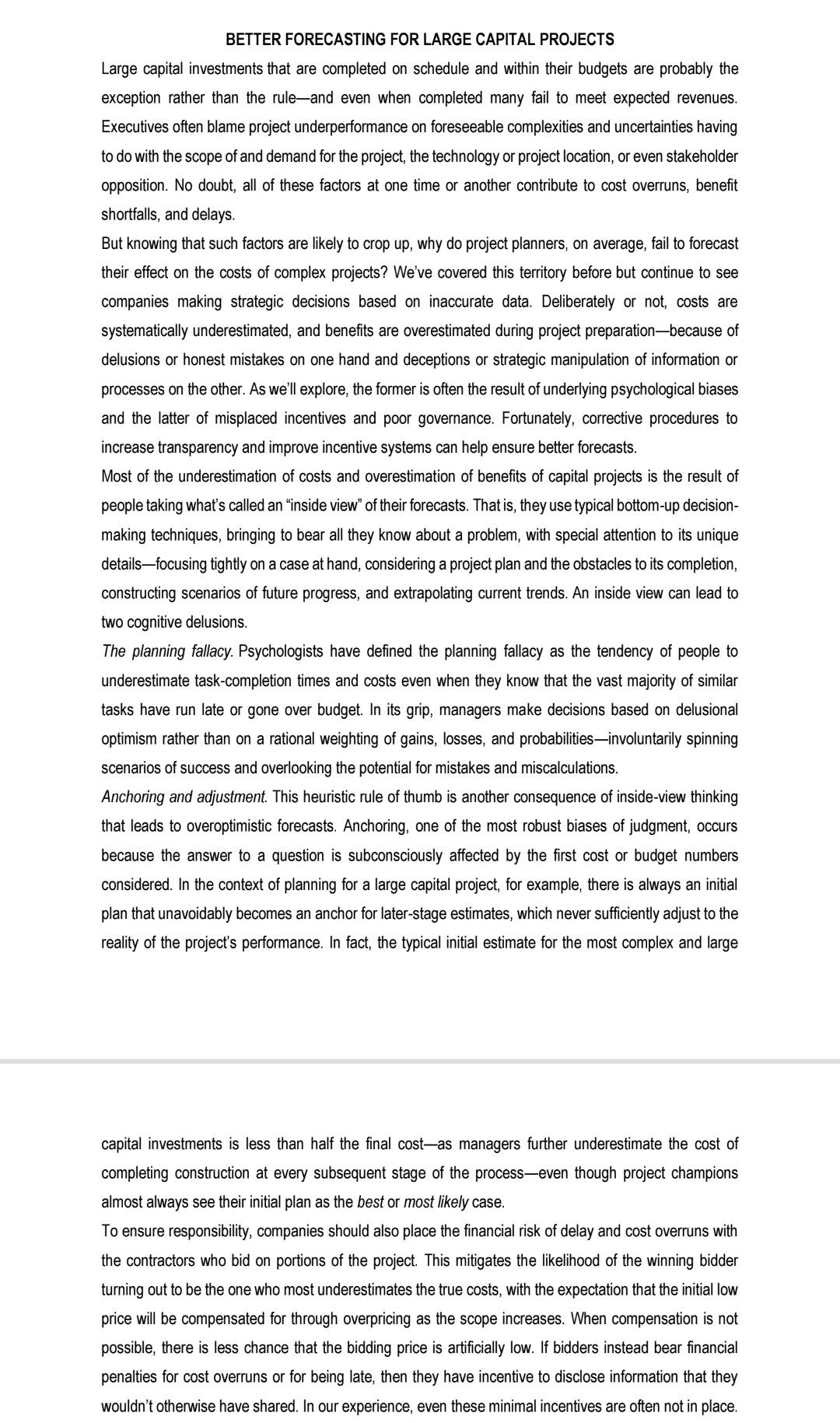 Solved BETTER FORECASTING FOR LARGE CAPITAL PROJECTS Large | Chegg.com