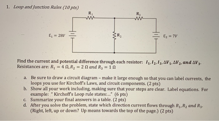 Solved 1. Loop and Junction Rules (10 pts) E = 28V Ez = 7V | Chegg.com