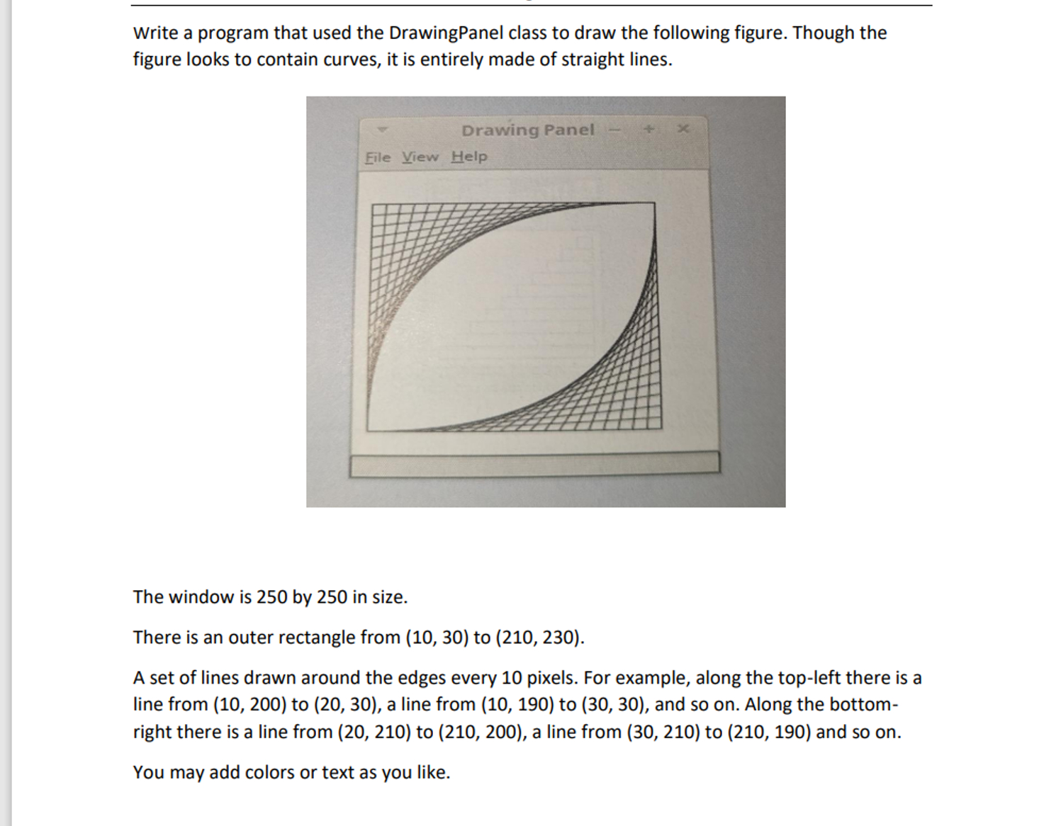Solved Write a program in java that used the DrawingPanel | Chegg.com