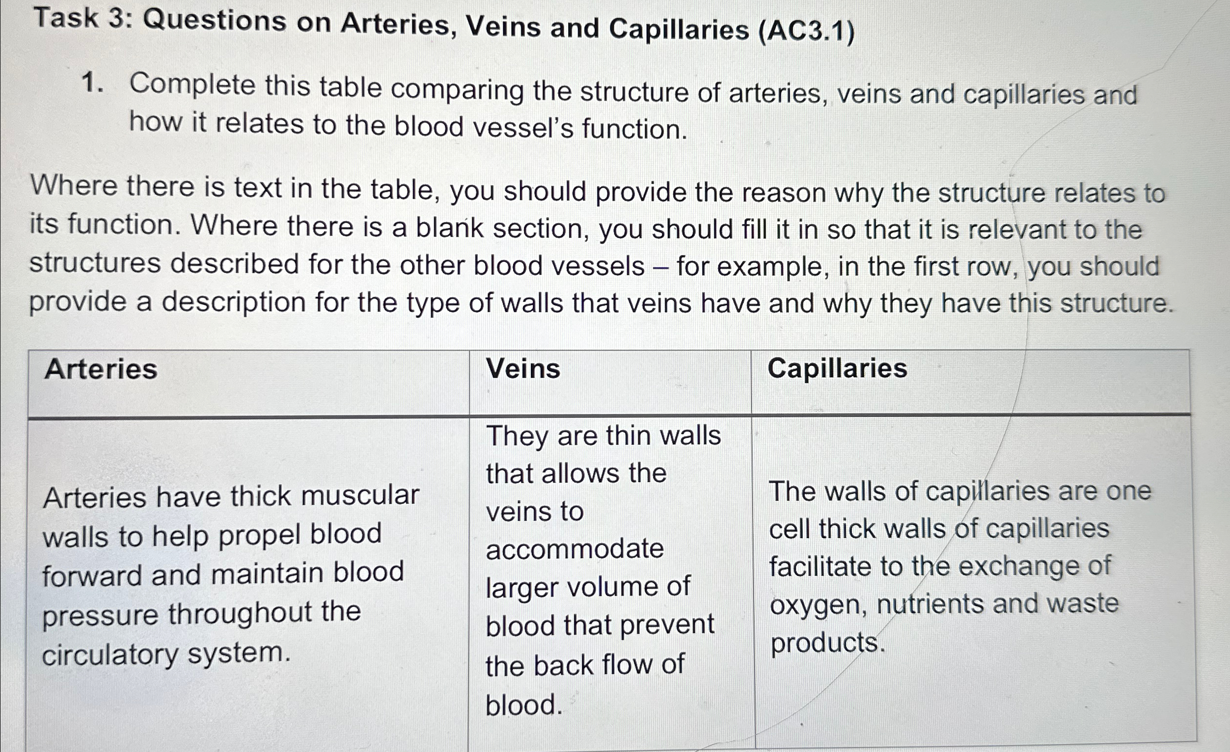Solved Task 3: Questions on Arteries, Veins and Capillaries | Chegg.com