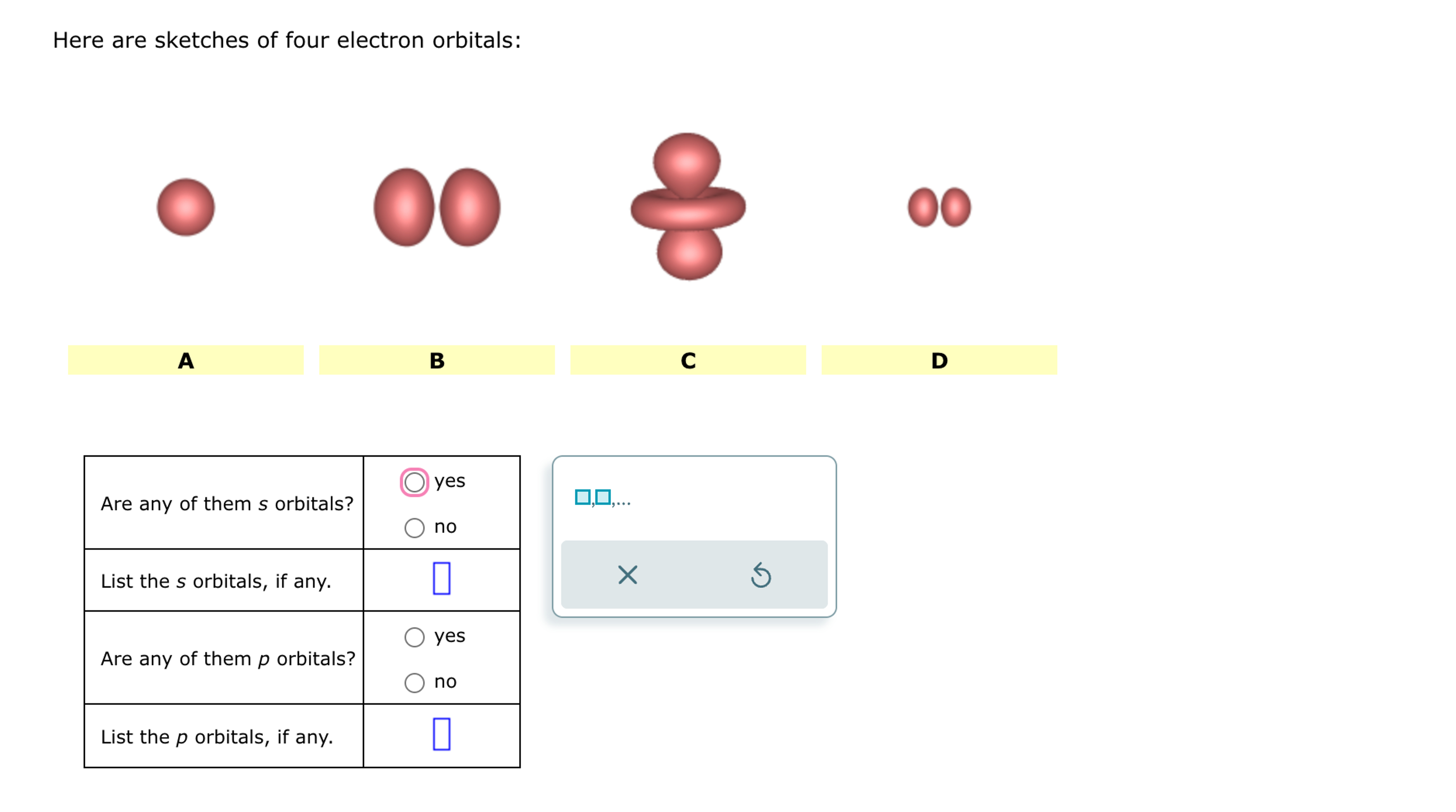 Solved Here are sketches of four electron orbitals:ABC00D | Chegg.com