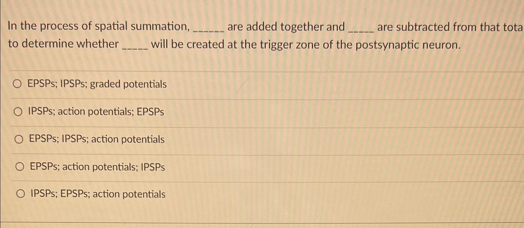 Solved In the process of spatial summation, are added | Chegg.com