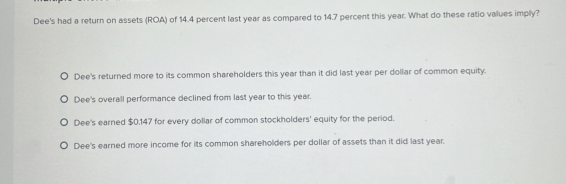 Solved Dee's had a return on assets (ROA) ﻿of 14.4 ﻿percent | Chegg.com