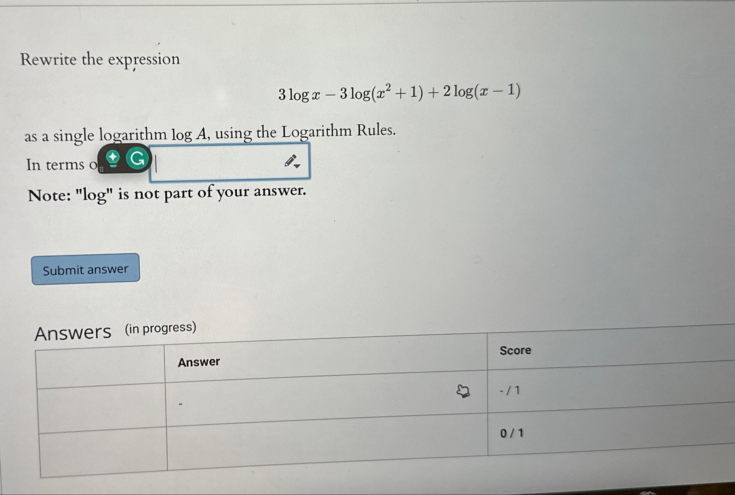 Solved Rewrite the expression3logx-3log(x2+1)+2log(x-1)as a | Chegg.com